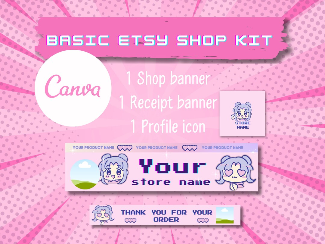 KAWAII Basic Store Template Pink, Hearts, Cute Anime, Digital Etsy Shop ...