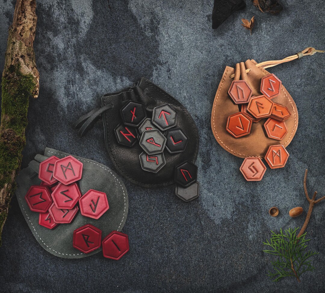Leather Elder Futhark Rune Set, Handcrafted in 3 Colors, Includes ...