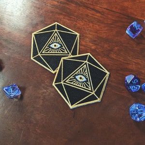 D20 All-seeing Eye Patch Embroidered Iron-on Dice Patch Black and Gold ...