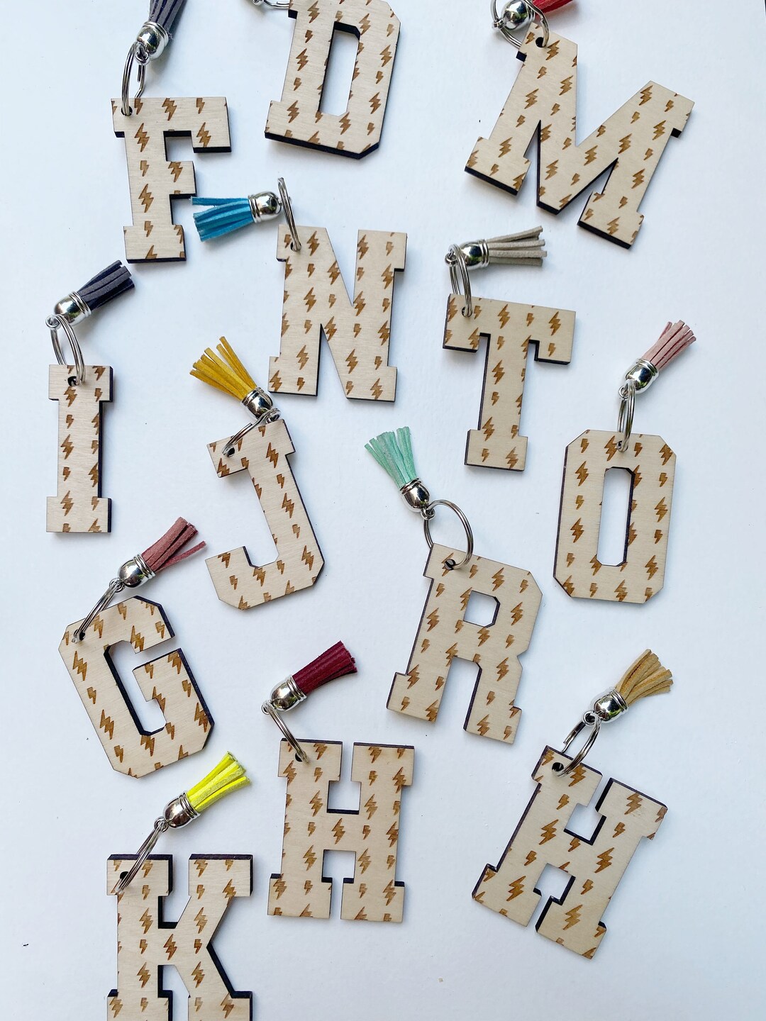 Wooden Initial Keychain - Lightning Bolt Keychains - Keychain Tassel ...