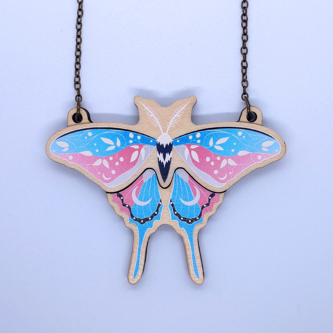 Transgender Luna Moth Statement Necklace, Wooden Laser Cut Jewellery ...