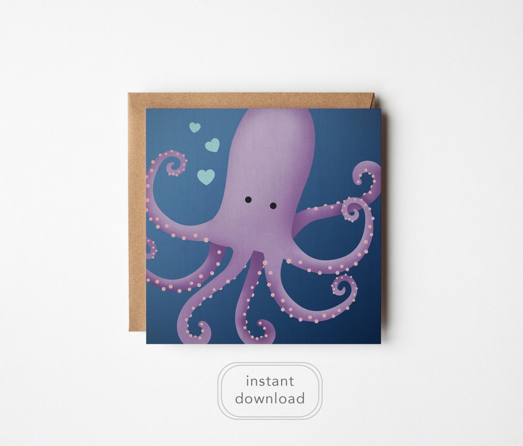 Printable Octopus Love Heart Greeting Card, Digital Valentine, Octopus ...