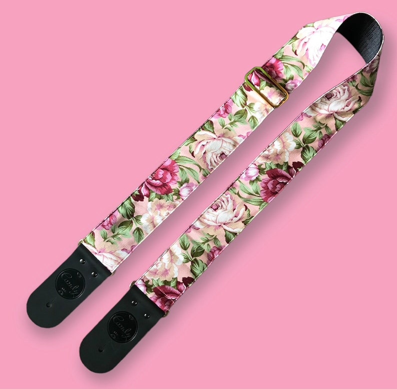 Pink Floral Guitar Strap: Genuine Leather Ends, Adjustable Length - Etsy