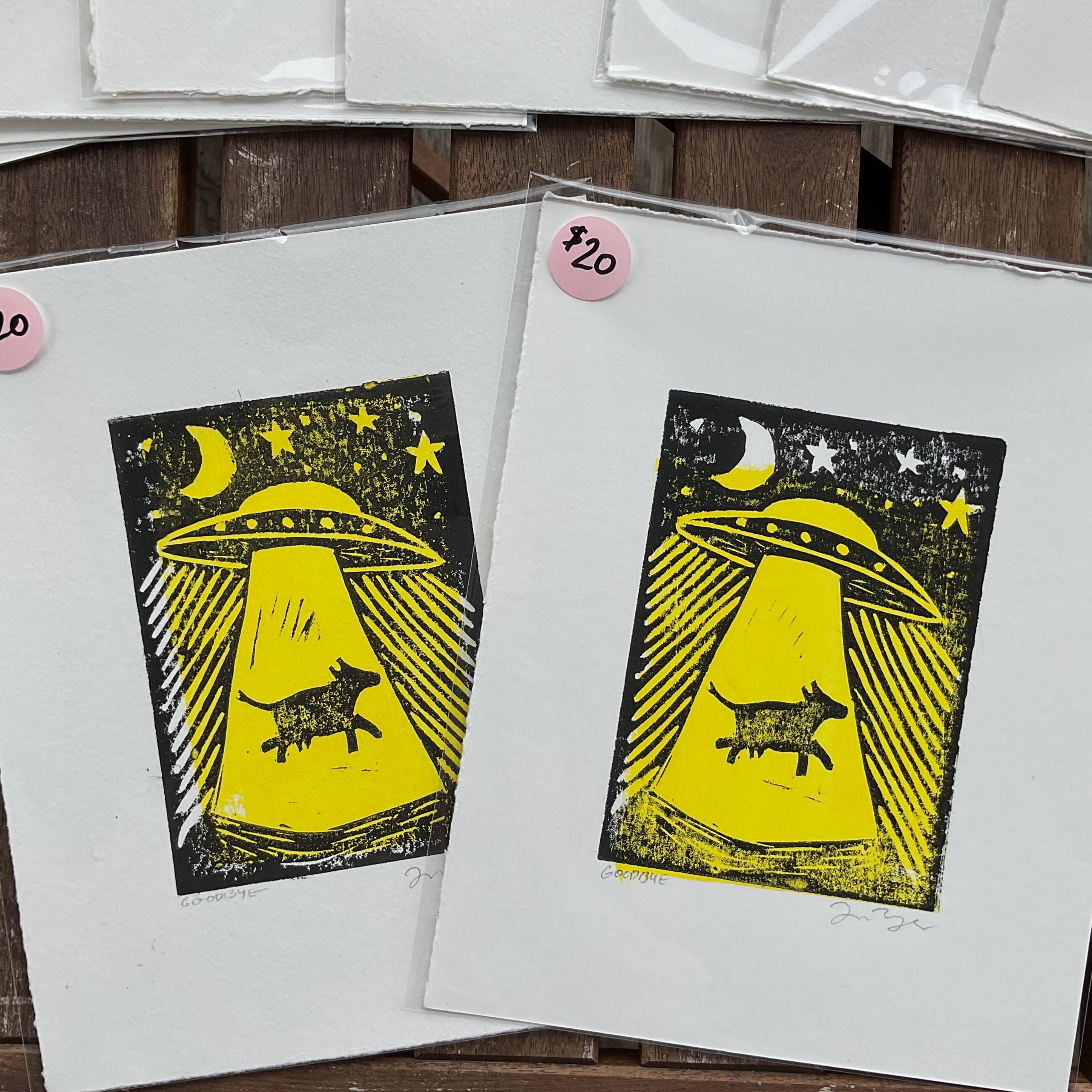 UFO Cow "goodbye" Linocut Print - Etsy
