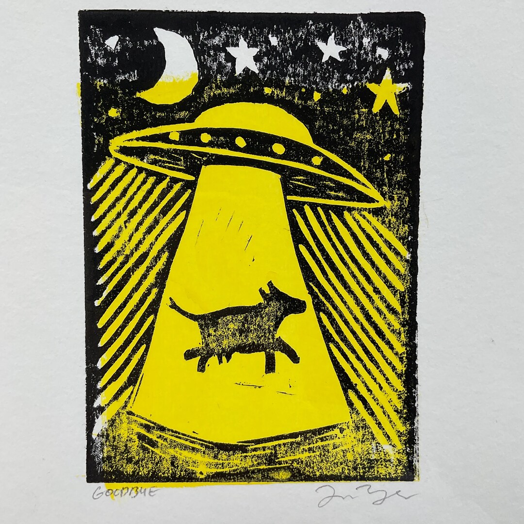 UFO Cow "goodbye" Linocut Print - Etsy