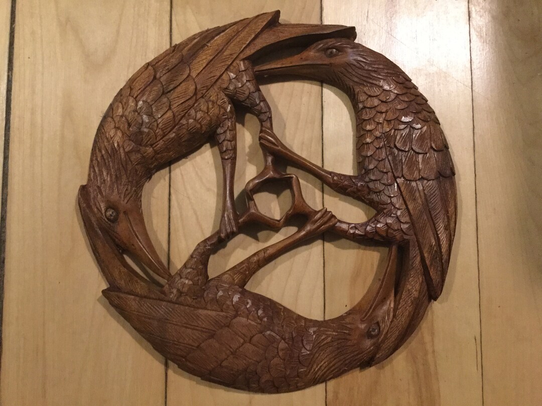 Triple Raven Round Wood Carving - Etsy