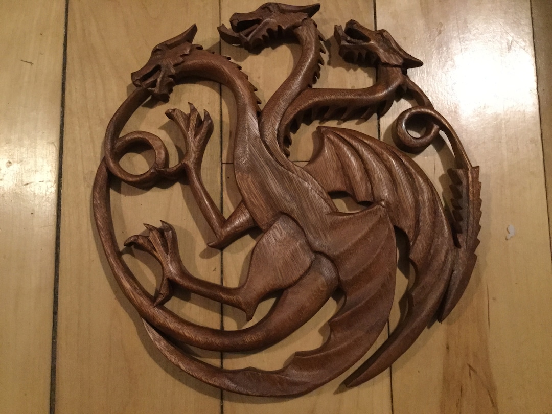Three Headed Dragon Round Wood Carved Wall Hanging - Etsy