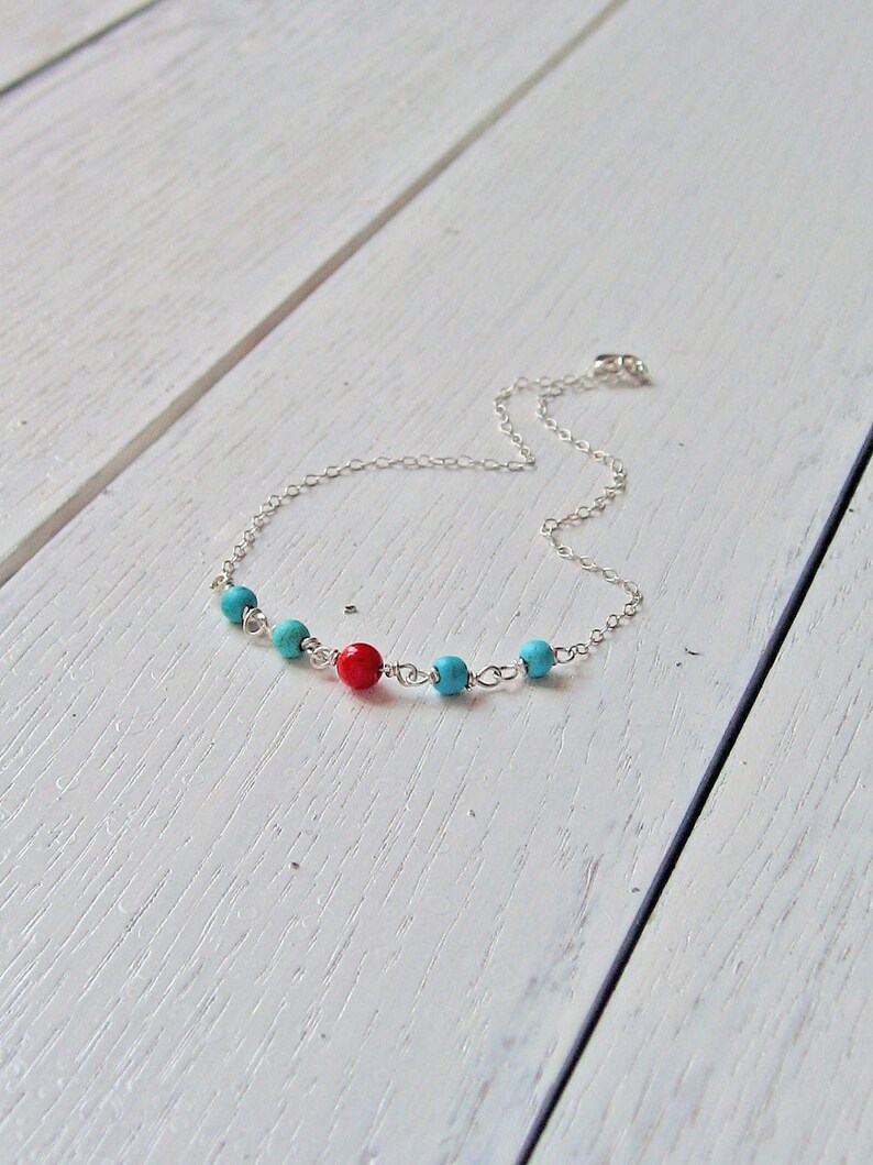 Turquoise Anklet 14k Gold Fill Or 925 Sterling Silver With Red Etsy
