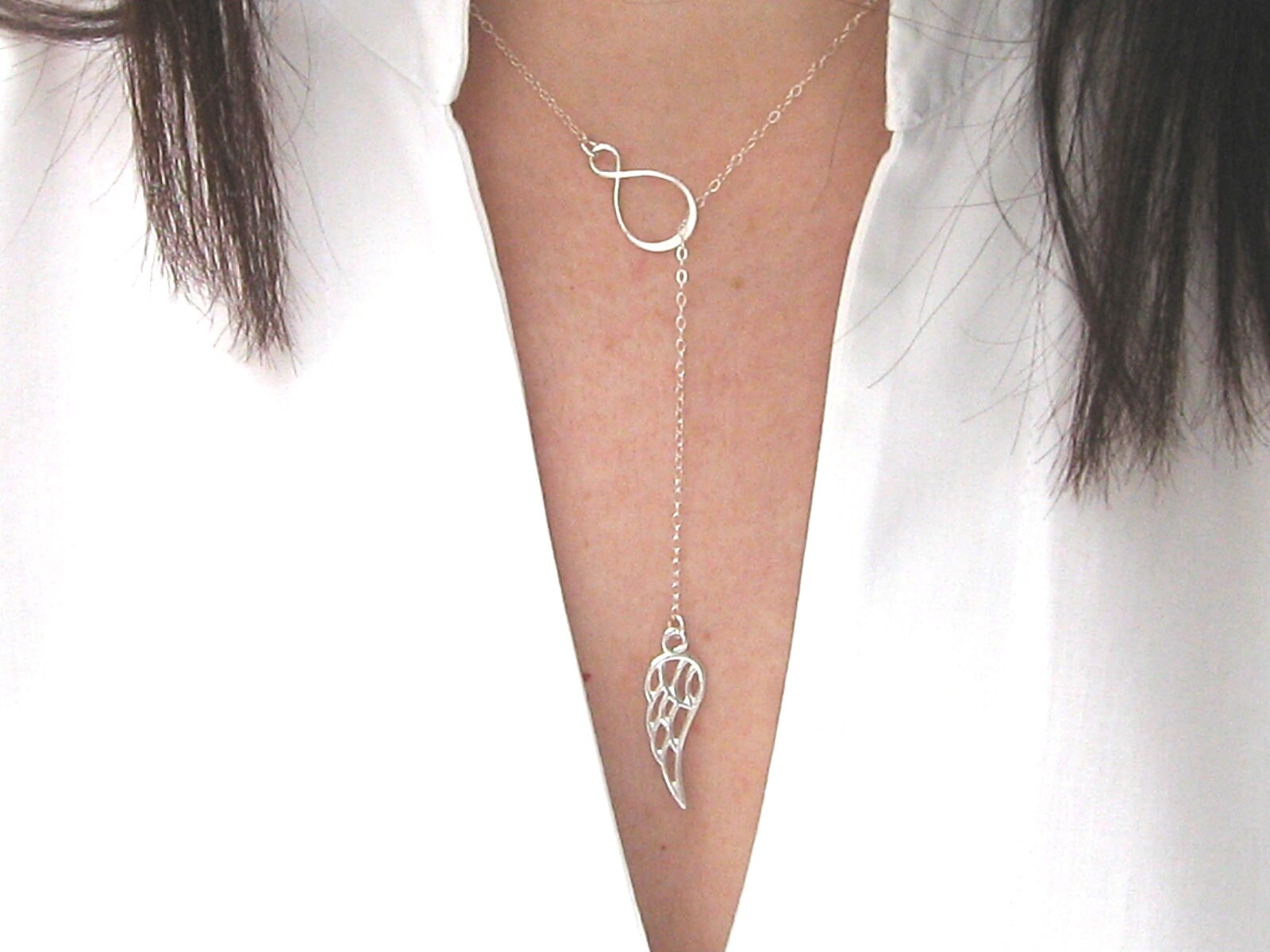 Infinity Angel Wing Necklace Sterling Silver Lariat Y | Etsy