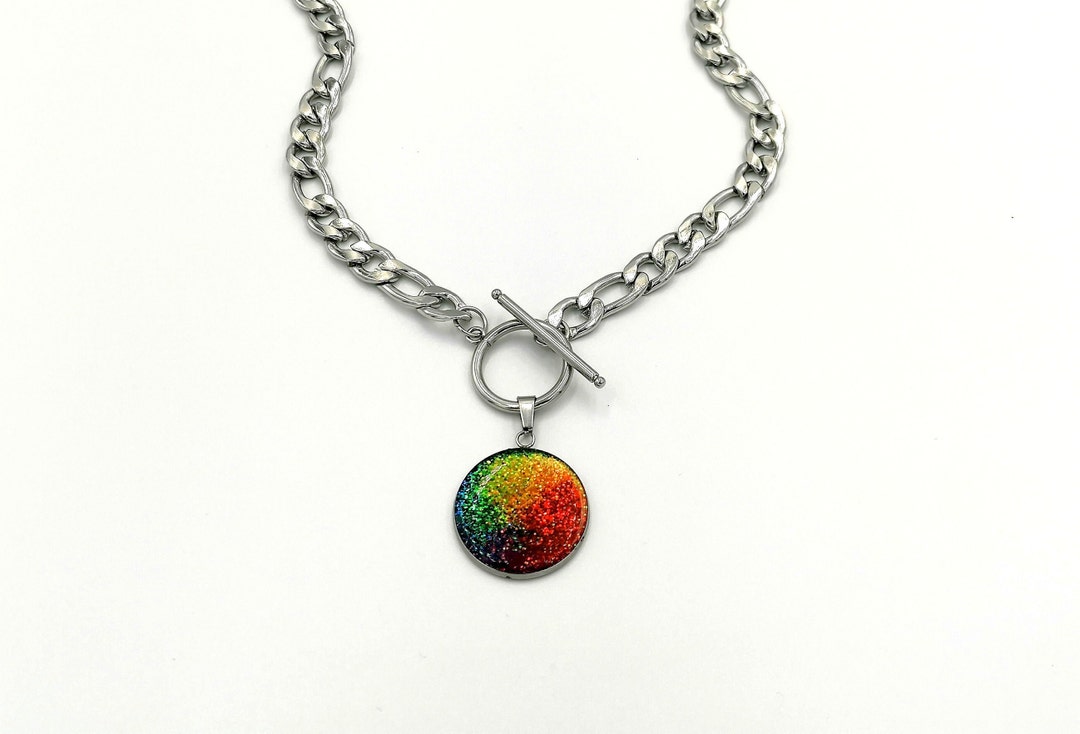 Rainbow LGBT Pride Flag Tag Figaro Chain Necklace, LGBTQ Gay Lesbian ...