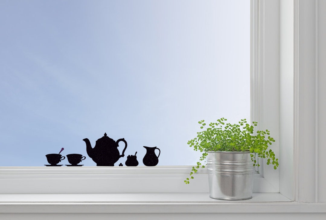 Tea Set Velvet Stickers Teapot Window Decals Tea Cup Decor Kitchen ...