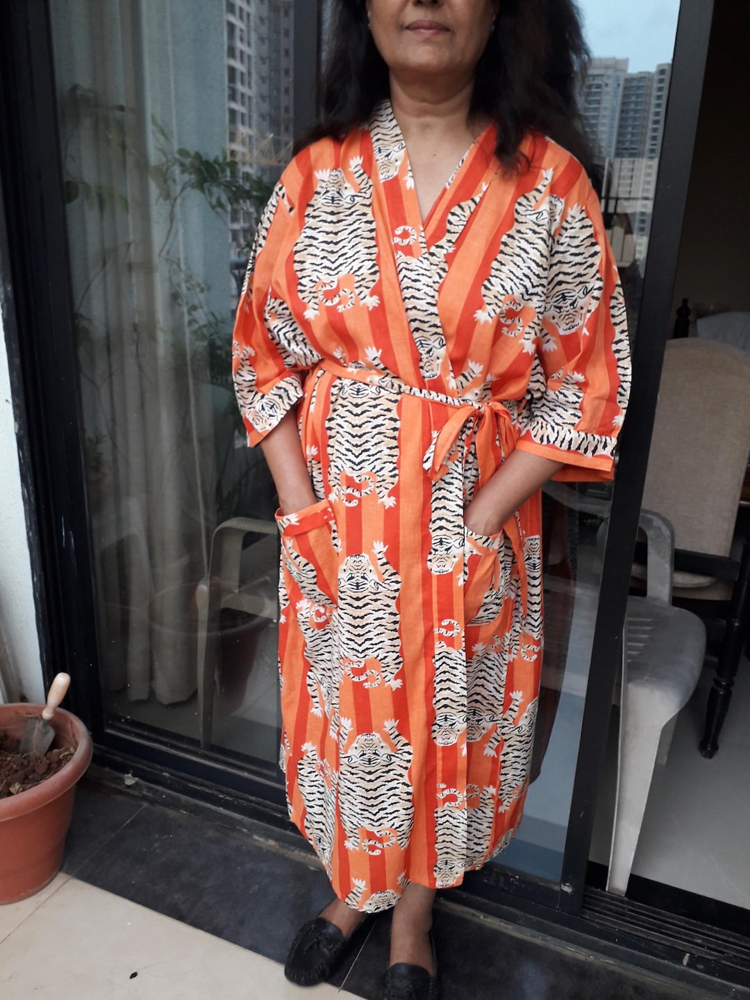 Indian Cotton Kimono Tiger Print Robe, Long Length Lounge Wear, XS to ...