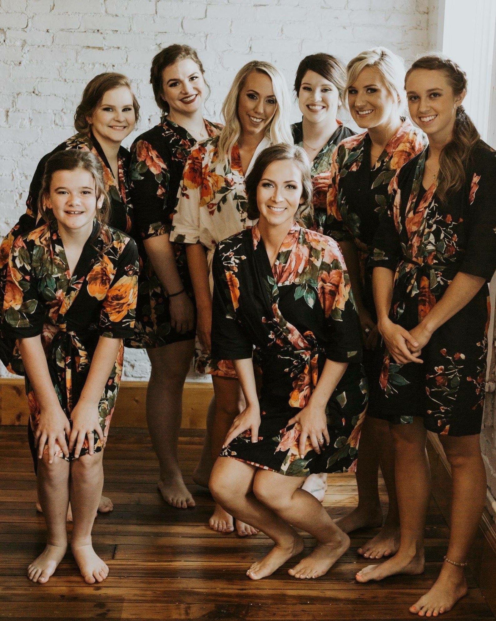 Bridesmaid robes Black Blooming roses Cotton Floral robes | Etsy