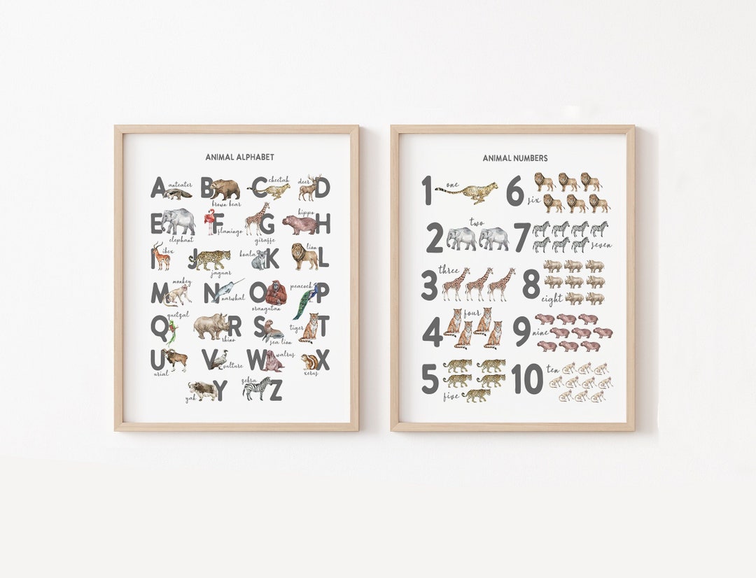 Safari Alphabet Nursery Decor, Pair of Watercolor Animal ABC 123 Prints ...