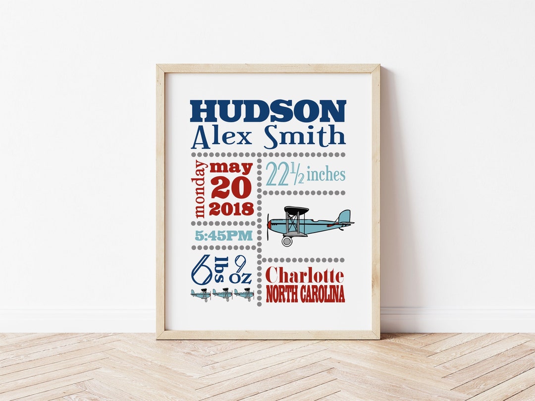 Plane Nursery Decor, Airplane Birth Stats Wall Art, Biplane Birth ...