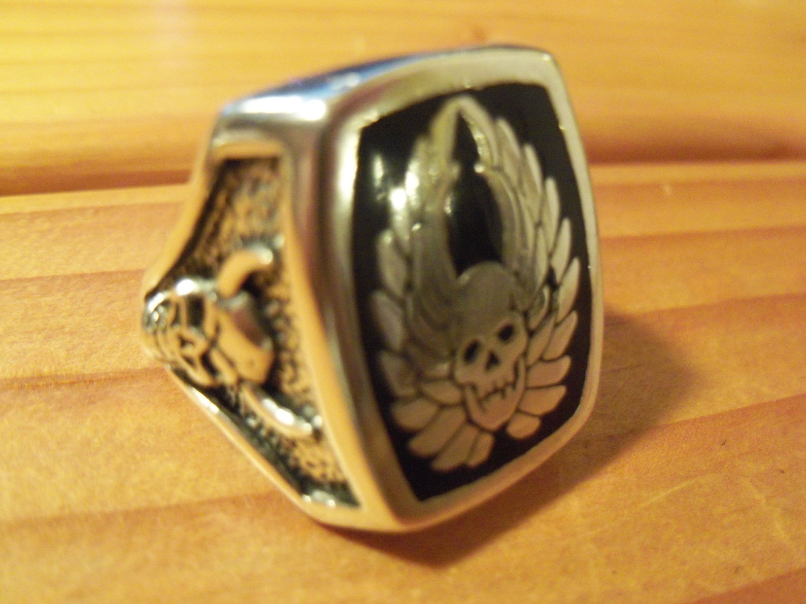 Winged Fury Skull With Skulls With Horns On Sides Biker Ring | Etsy