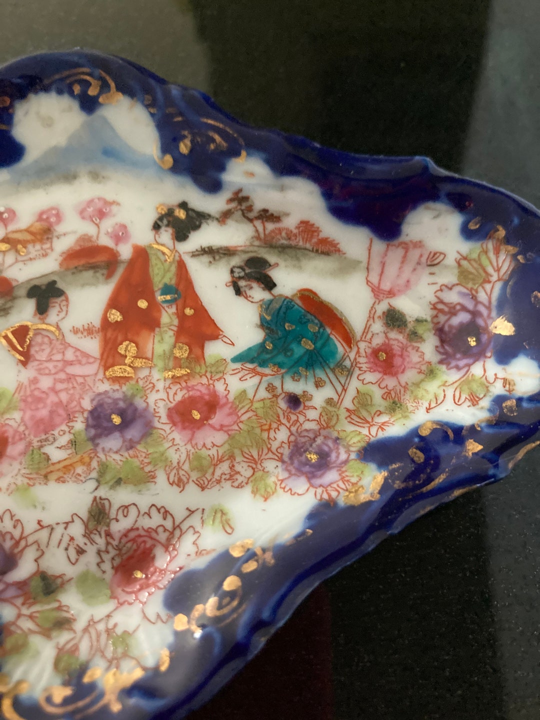 Vanity Tray Geisha Girl Trinket Dish Ring Tray Cobalt Blue Gold Detail ...