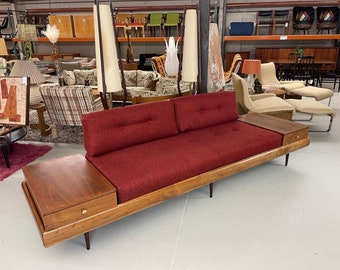 Adrian Pearsall 1709 S Style Platform Sofa with Floating Walnut End Tables