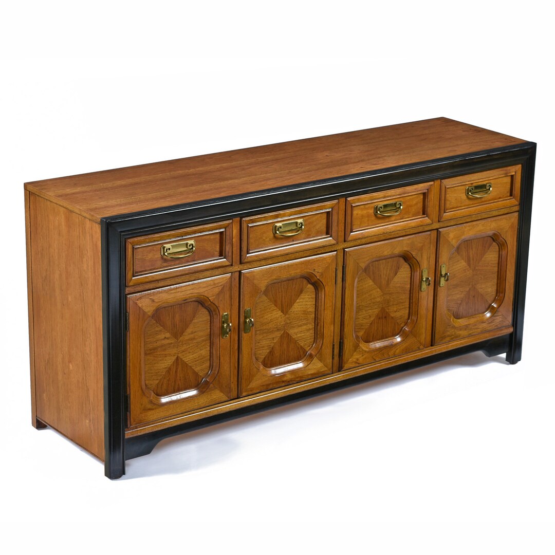 Thomasville Embassy Wood Inlay Asian Modern Campaign Style Brass Accent ...