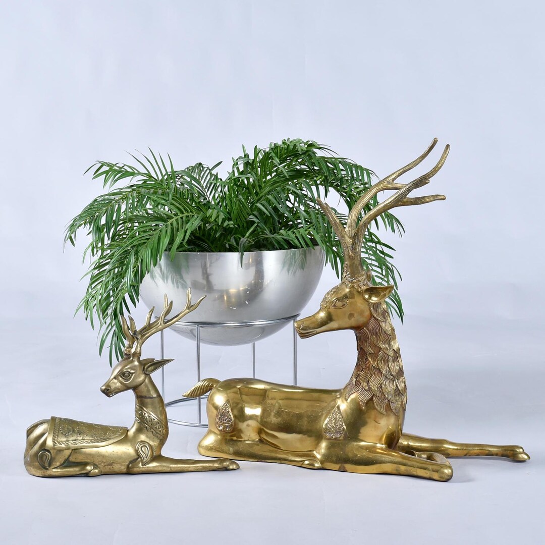 Pair Large Brass Deer Figurine Sculptures One Over 2 Feet One Planter ...