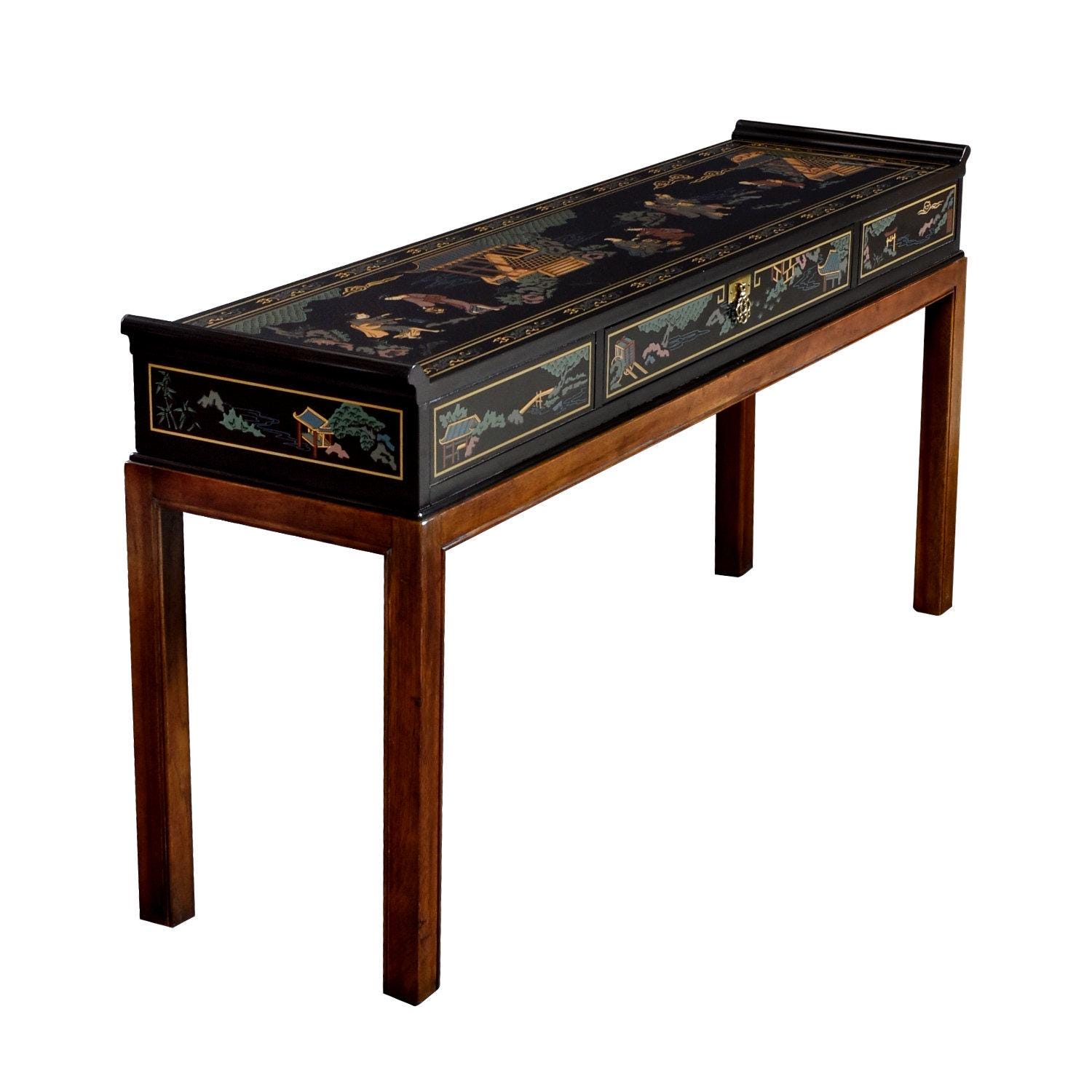 Drexel Asian Black Lacquer Console Table With Drawer and Chinoiserie Painted Motifs Etsy