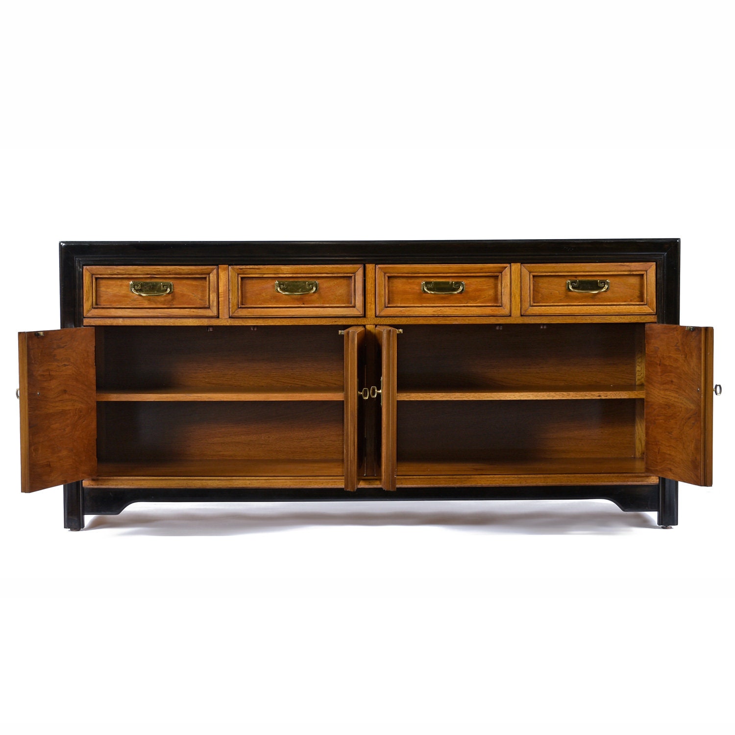 Thomasville Embassy Wood Inlay Asian Modern Campaign Style Brass Accent ...