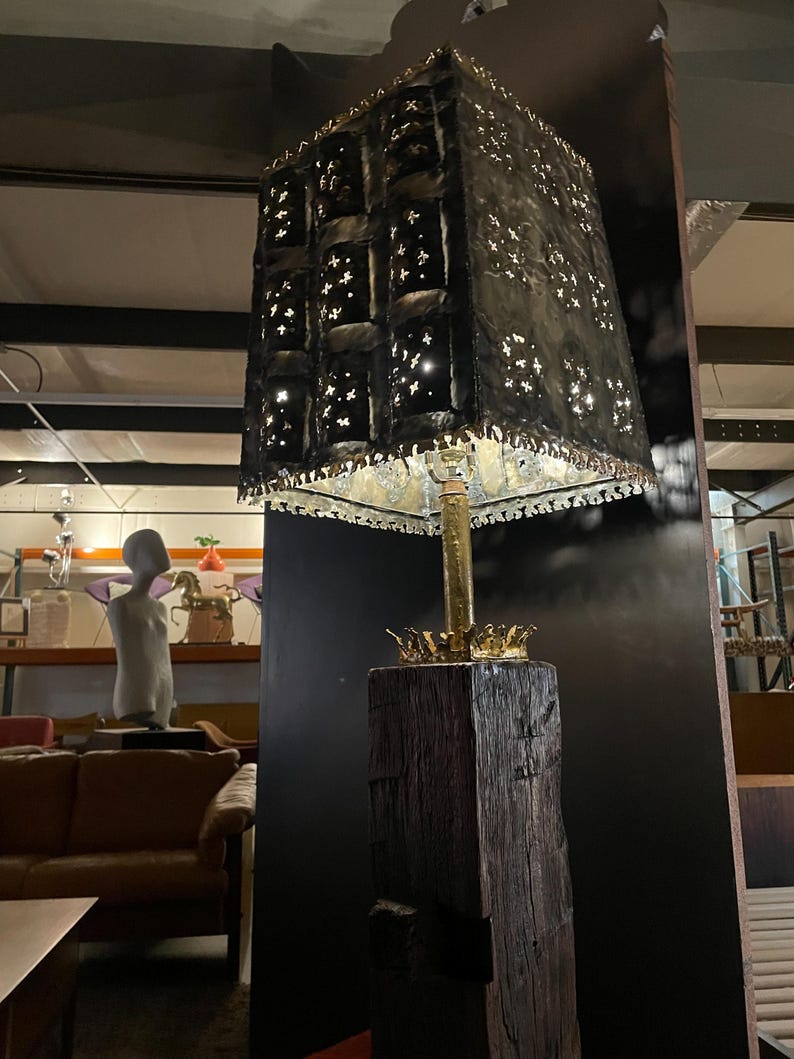 1970s Paul Evans Style Brutalist Torch Cut Table Lamp With Rustic Wood ...