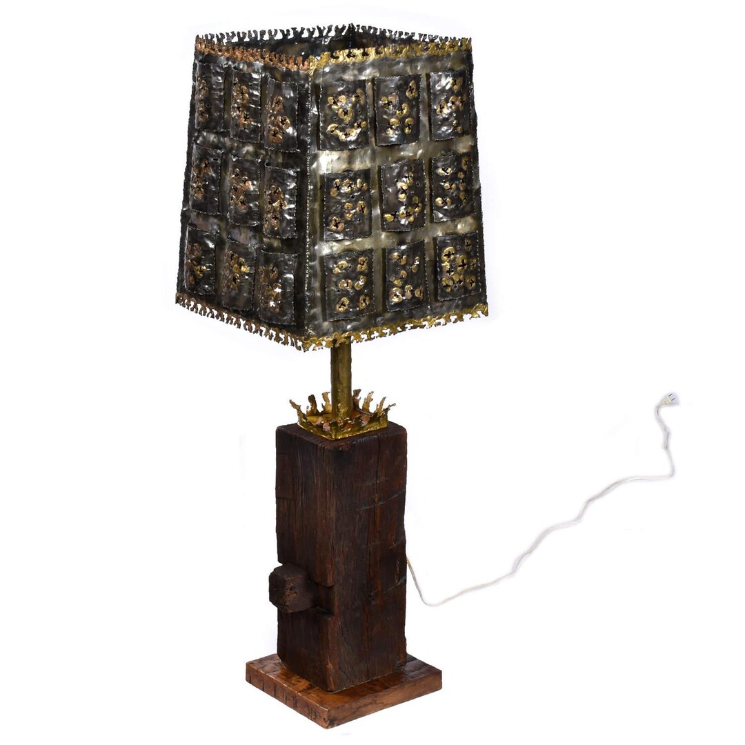 1970s Paul Evans Style Brutalist Torch Cut Table Lamp With Rustic Wood ...