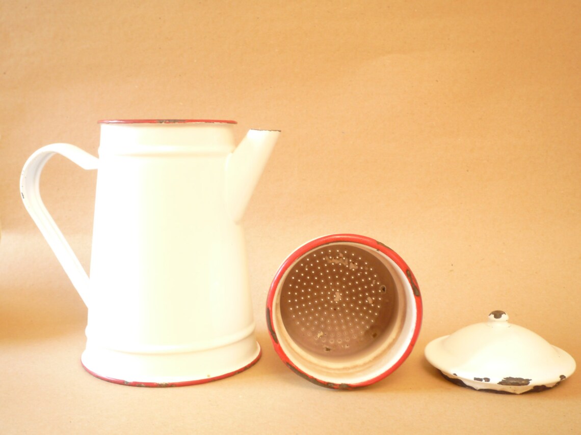Vintage Enamel Coffee Pot - French Vintage Enamelware Café Au Lait ...