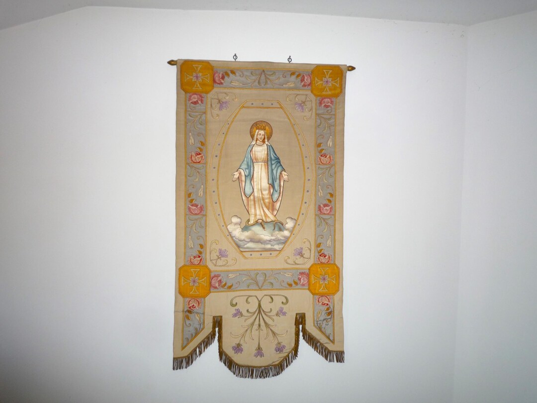 Large Antique French Processional Religious Banner With Virgin Mary ...