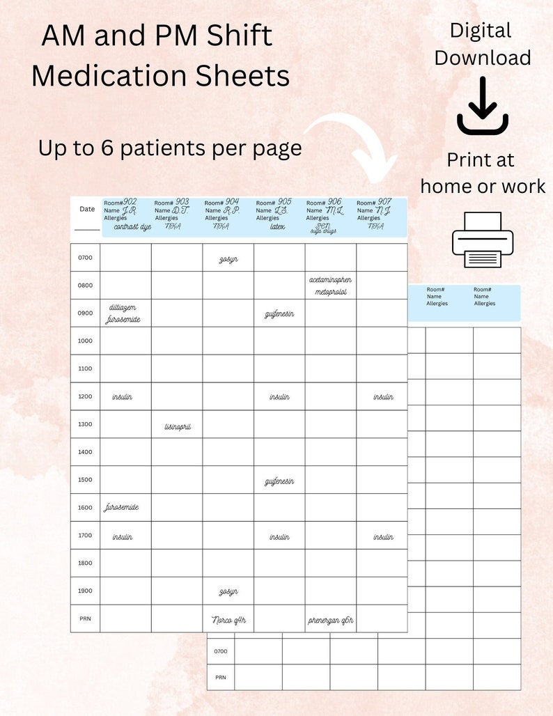 Nurse Medication Sheet, Medication Log, Nurse Med Sheet, Nurse MAR ...