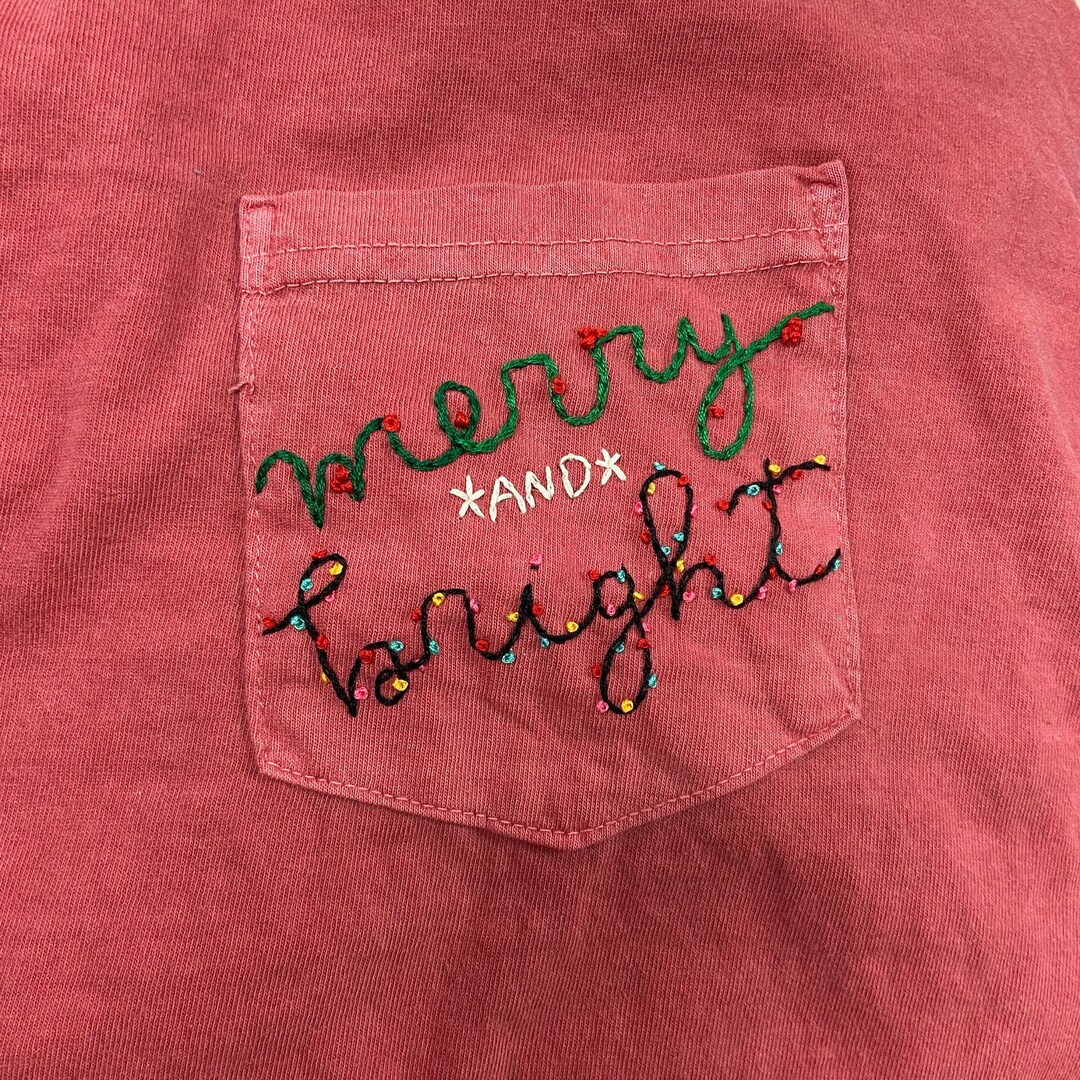 Merry & Bright Hand-embroidered Pocket Tee Shirt Unisex - Etsy