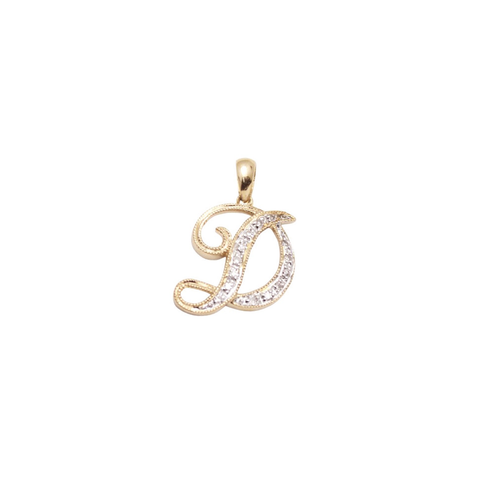 14k Gold Diamond Cursive Script Letter Pendant / Diamond Initial Charm ...