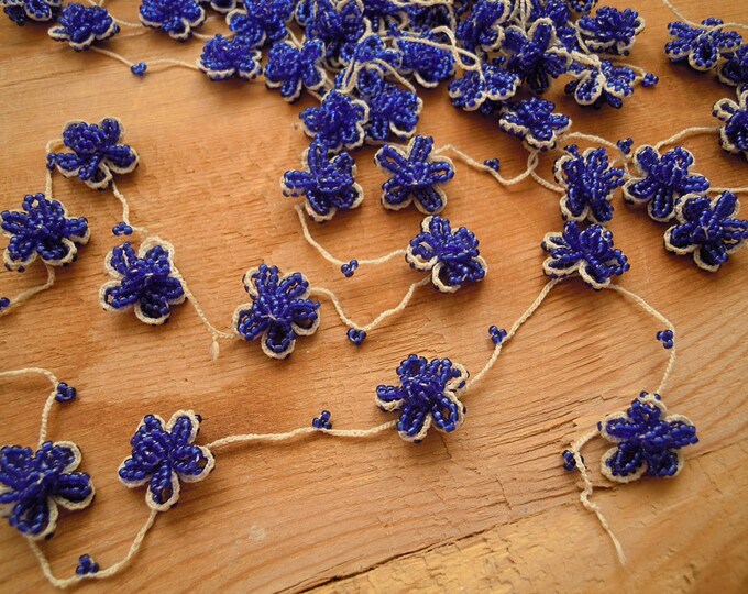 Turkish Oya, Flower Crochet Beaded Trim Navy Blue 2.90m Vintage - Etsy