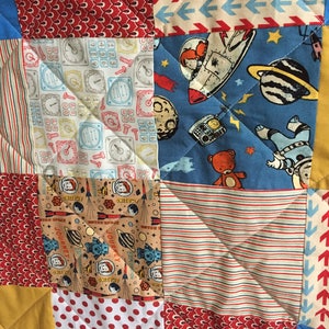 READY TO SHIP Baby Quilt Crib Blanket Blue Black Tan Red Gold Retro ...
