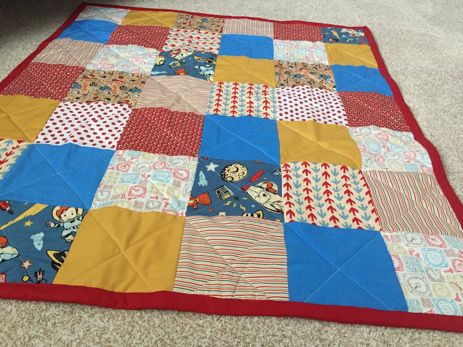 READY TO SHIP Baby Quilt Crib Blanket Blue Black Tan Red Gold - Etsy