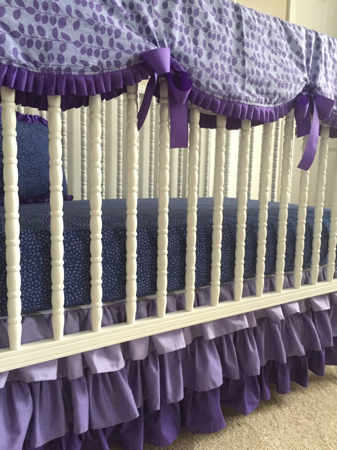 Purple & Navy Blue Floral Bumperless Crib Bedding Set crib - Etsy