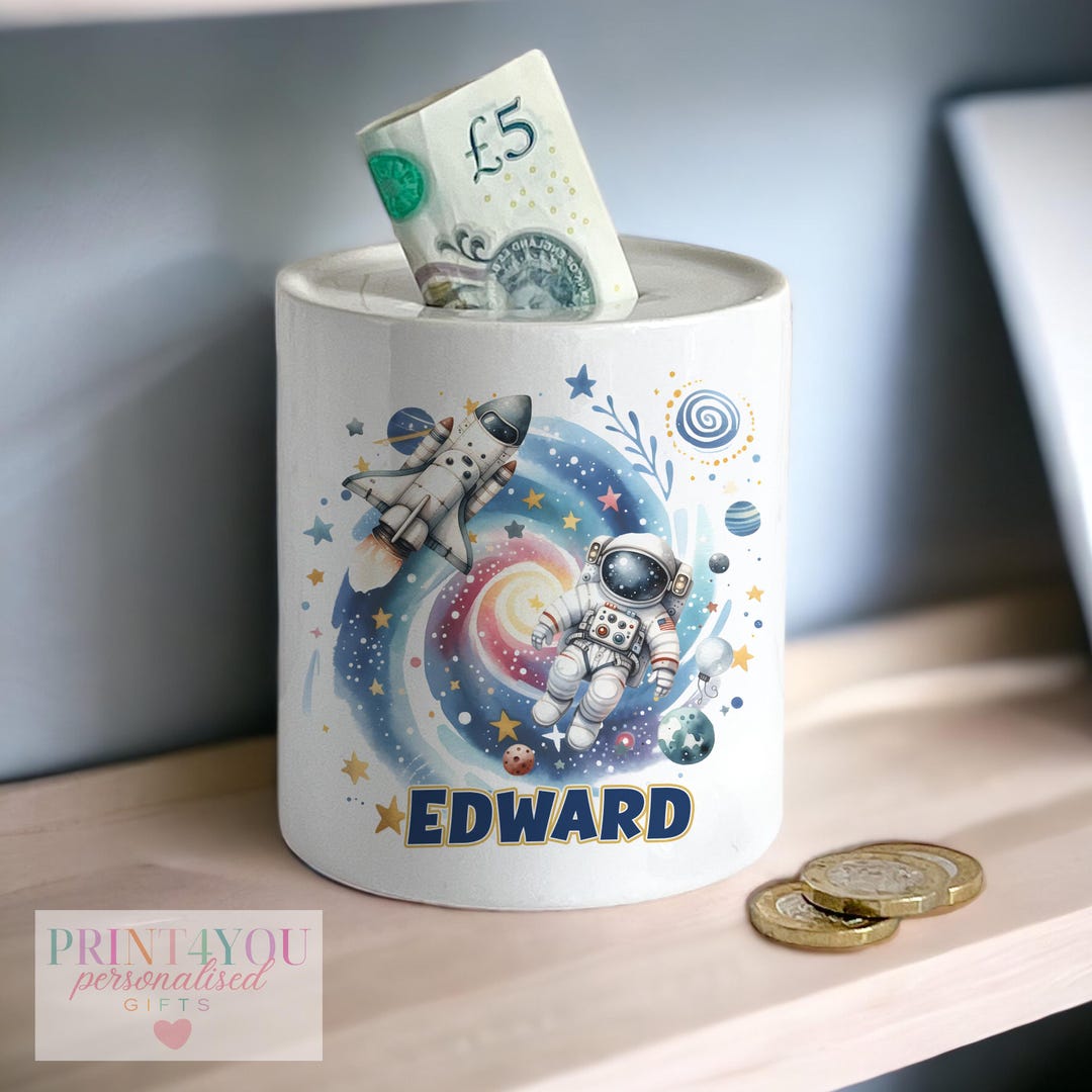 Personalised Ceramic White Money Box Coin Bank - Boys Space Astronaut ...