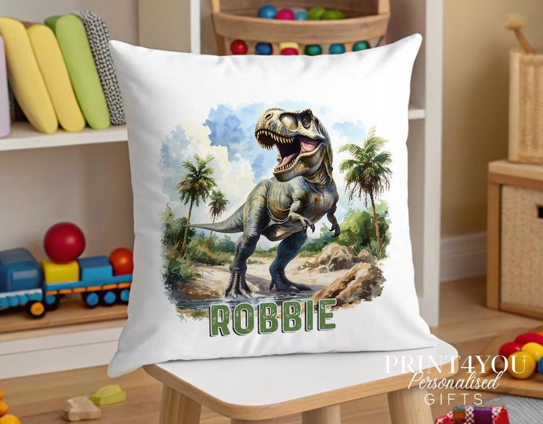 Personalised T-rex Dinosaur Cushion: Custom Kids Name, Soft 40x40cm ...