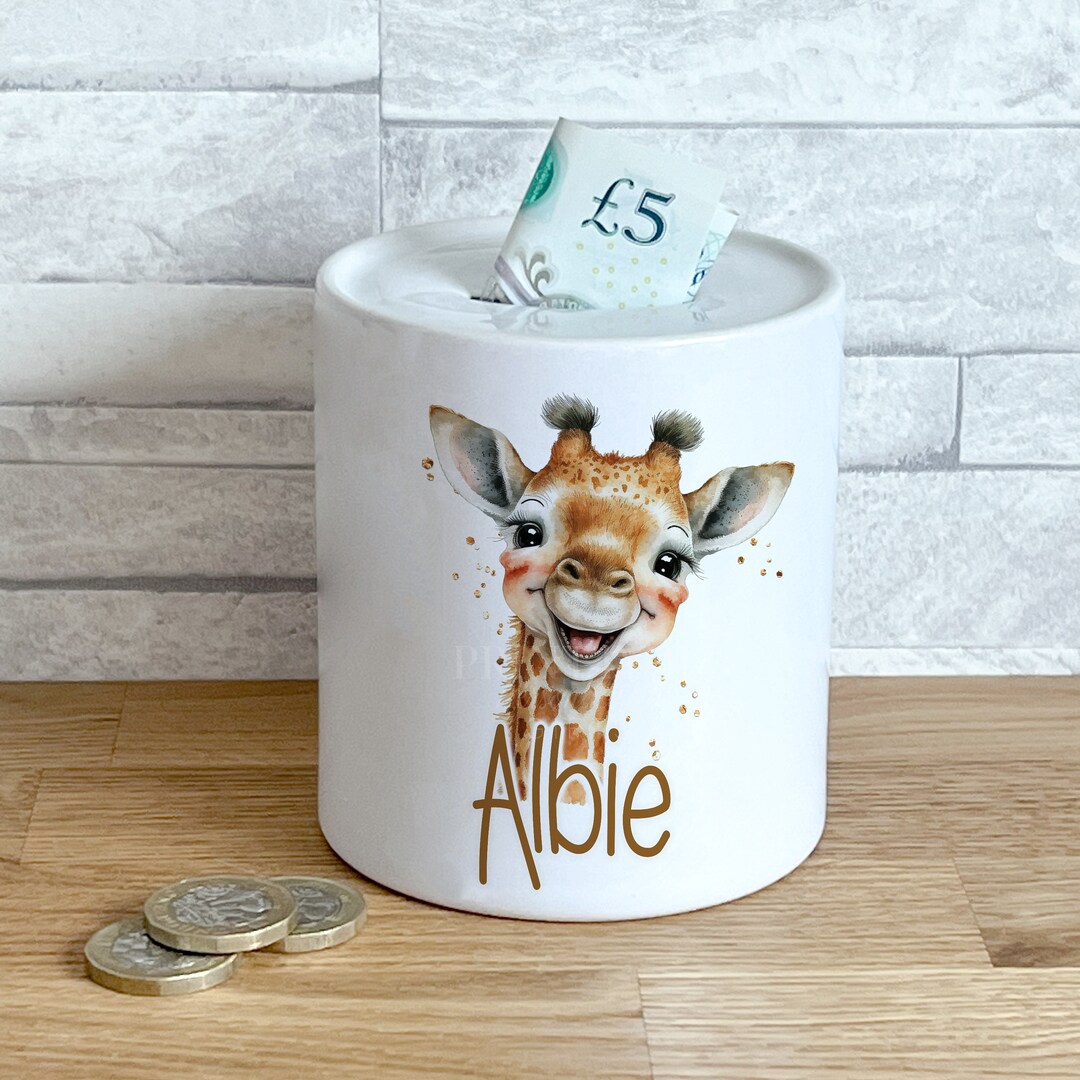 Personalised Ceramic White Money Box Coin Bank Cute Safari Giraffe Head ...