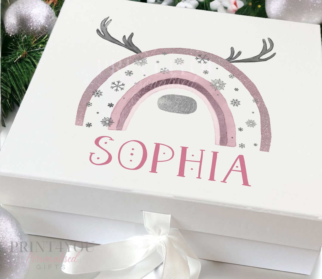 Pink Reindeer Rainbow Eve Box, Personalised Box, Xmas Characters, White ...