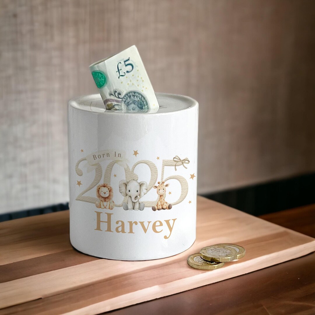 Personalised Ceramic White Money Box Coin Bank - Safari Born in 2025 ...
