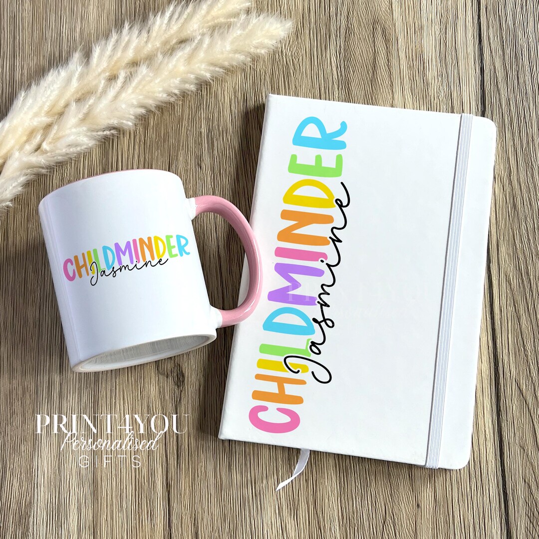 Thank You Childminder Gift Mug and Notebook, Colourful Rainbow Name ...