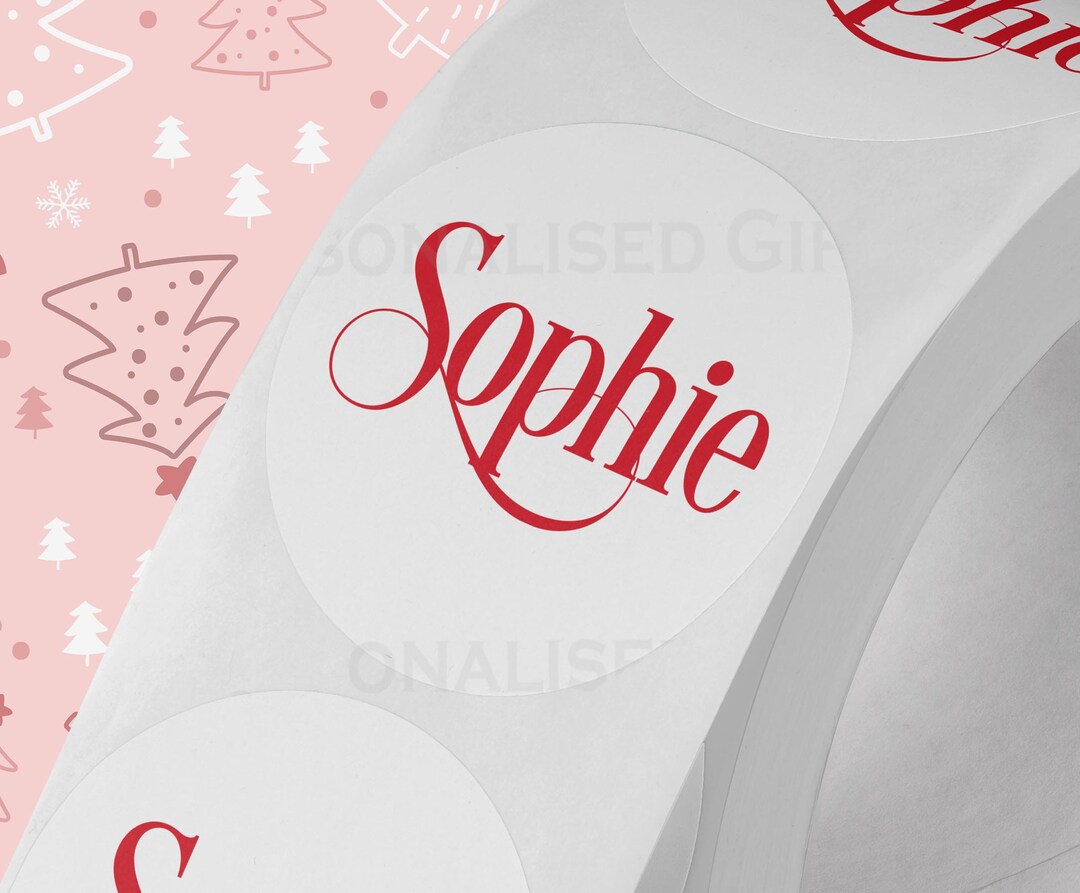 Personalised Red Festive Name Sticker| Christmas White Gloss 5cm ...