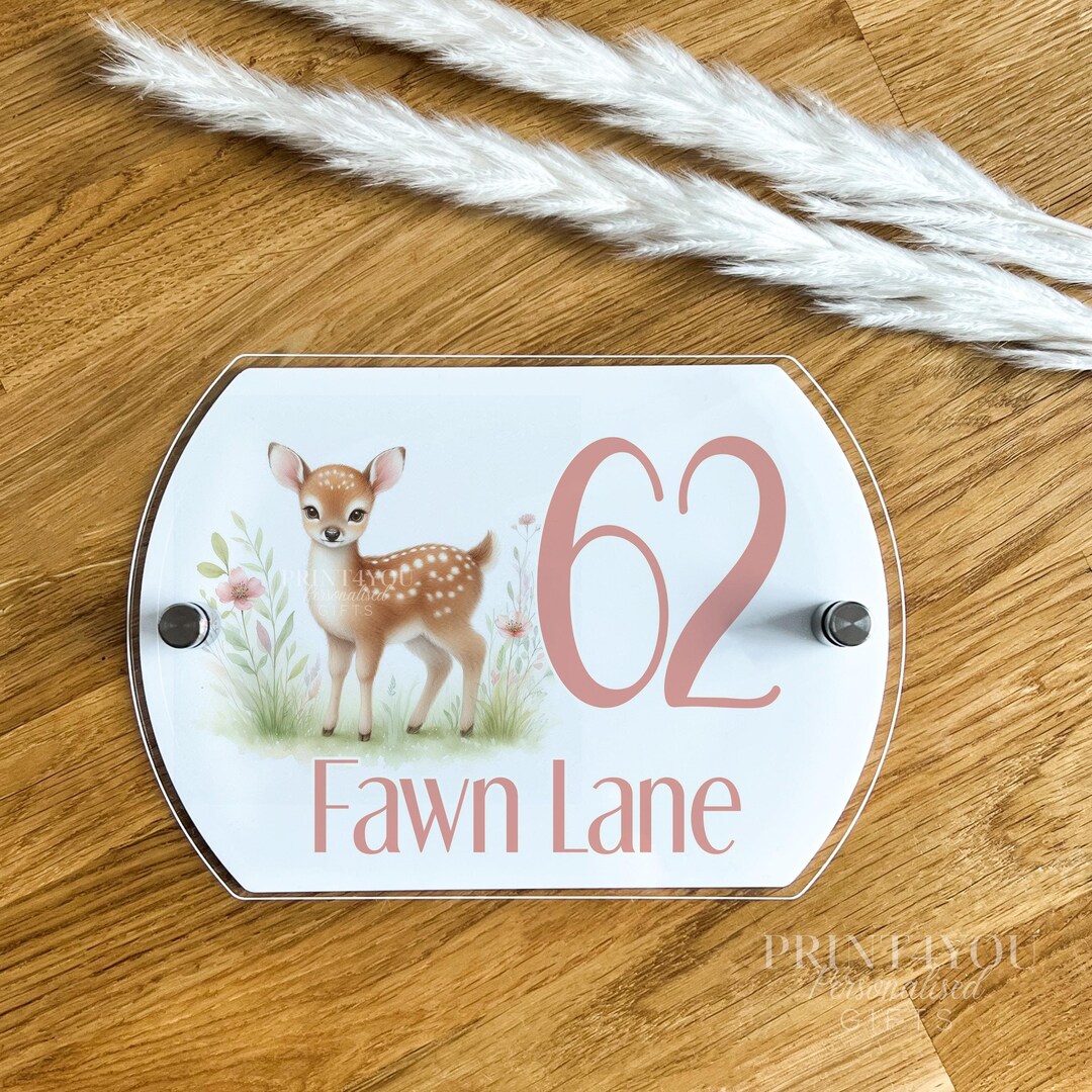 Personalised Acrylic External Door Number Plates Plaques Baby Deer Fawn ...