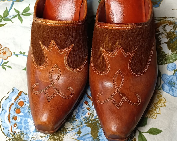 Vintage Cow Hide, Leather, & Wood Sole High Heel Wedge Clogs Sz 6.5M - Etsy