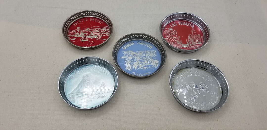 Vintage Glass & Steel Souvenir Coasters (5 Pieces) - Etsy