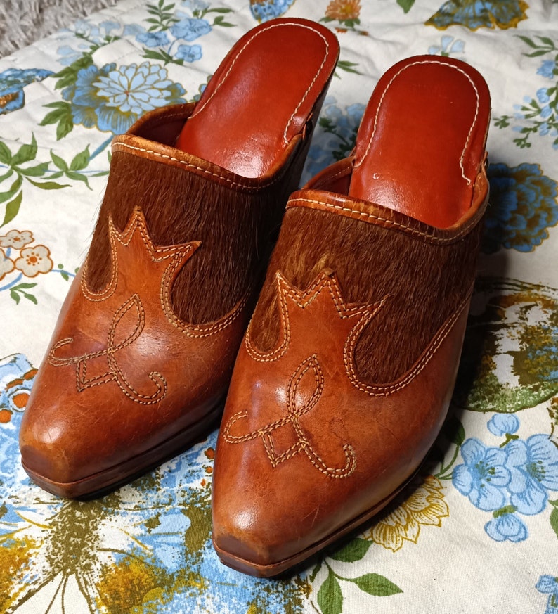 Vintage Cow Hide Leather & Wood Sole High Heel Wedge Clogs - Etsy