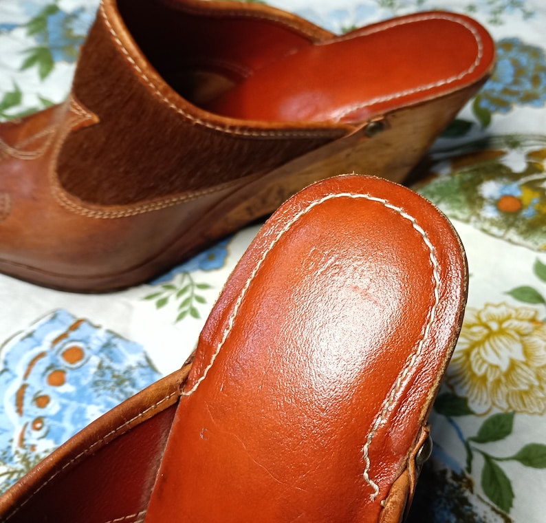 Vintage Cow Hide Leather & Wood Sole High Heel Wedge Clogs - Etsy
