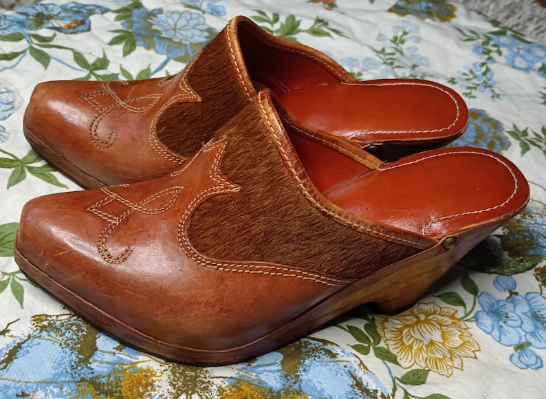 Vintage Cow Hide Leather & Wood Sole High Heel Wedge Clogs - Etsy